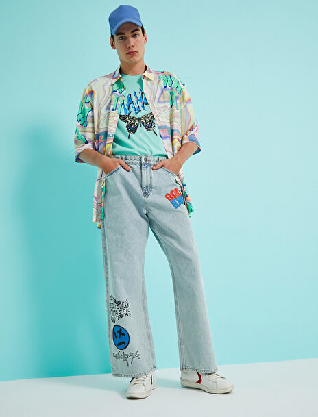 Koton Erkek Geniş Paça Baskılı Kot Pantolon