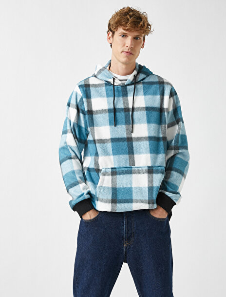 Koton Erkek Ekose Polar Kapüşonlu Sweatshirt