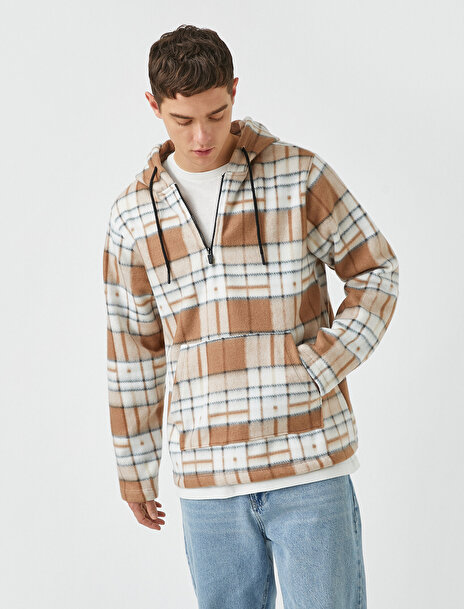 Koton Erkek Ekose Polar Kapüşonlu Sweatshirt