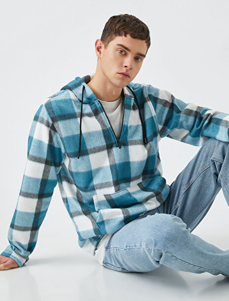 Koton Erkek Ekose Polar Kapüşonlu Sweatshirt