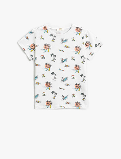 Koton Erkek Çocuk Baskılı Tişört Yaz Temalı Pamuklu Bisiklet Yaka