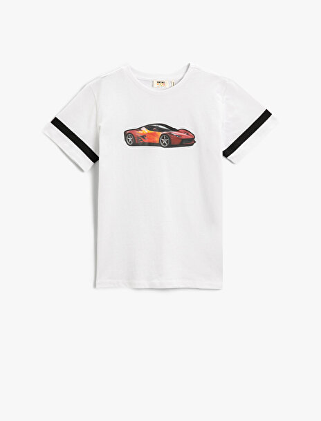 Koton Erkek Çocuk Araba Baskılı Çizgili Kısa Kollu Tişört Pamuklu