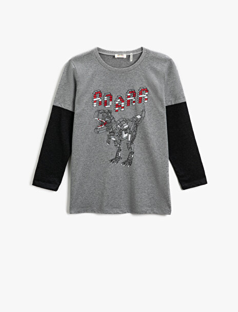 Koton Erkek Çocuk Dinozor Baskılı Uzun Kollu Tişört Bisiklet Yaka