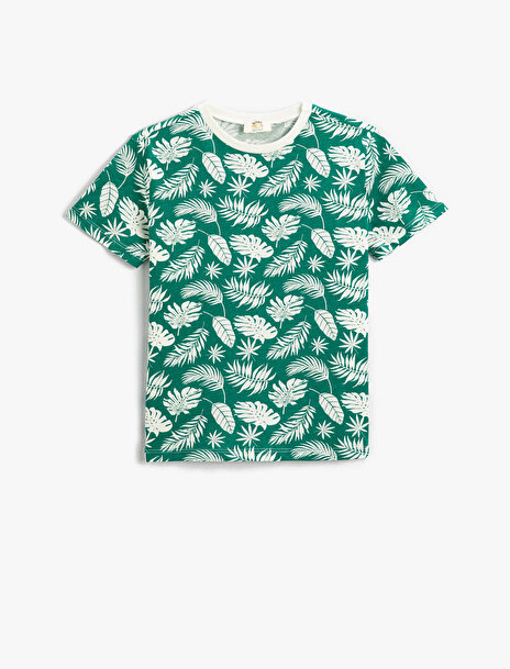 Koton Erkek Çocuk Yaprak Baskılı Kısa Kollu Tişört Pamuklu
