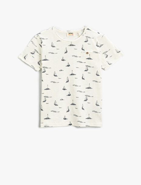 Koton Erkek Çocuk Yaz Temalı Yelken Baskılı Kısa Kollu Tişört Bisiklet Yaka Pamuklu