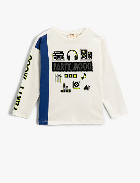 Koton Erkek Çocuk Slogan Baskılı Payetli Tişört Pamuklu Uzun Kollu
