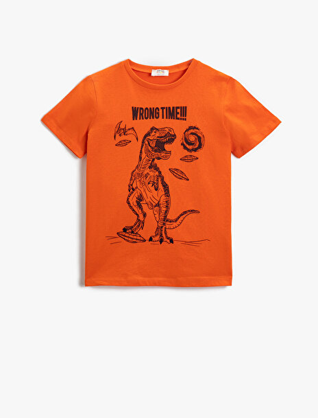Koton Erkek Çocuk Dinozor Baskılı Kısa Kollu Tişört Pamuklu Bisiklet Yaka