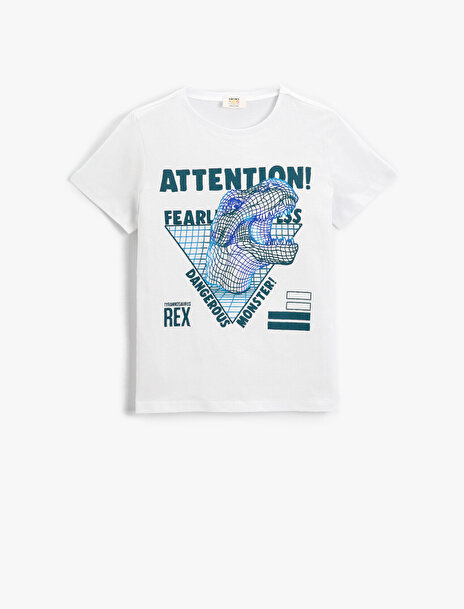 Koton Erkek Çocuk Dinozor Baskılı Kısa Kollu Tişört Pamuklu Bisiklet Yaka