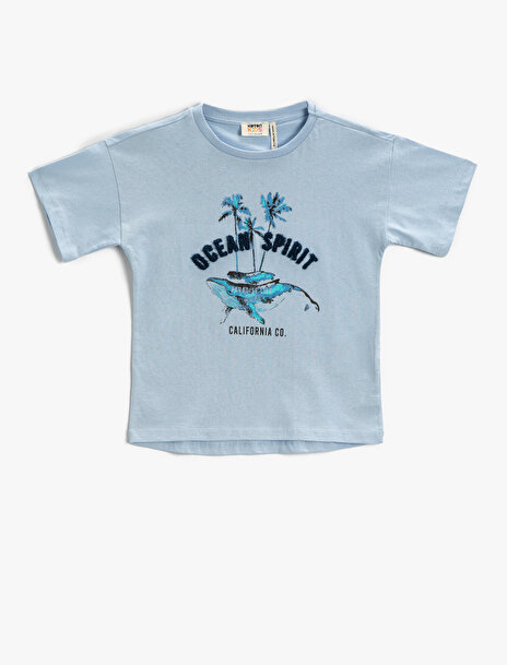 Koton Erkek Çocuk Balina Baskılı Tişört Peluş Detaylı Kısa Kollu Bisiklet Yaka Pamuklu