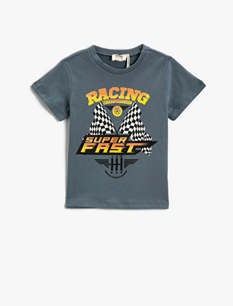 Koton Erkek Çocuk Baskılı Tişört Araba Yarışı Temalı Bisiklet Yaka Kısa Kollu