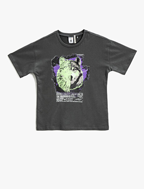 Koton Erkek Çocuk Hayvan Baskılı Tişört Kısa Kollu Bisiklet Yaka