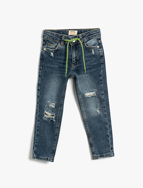 Koton Erkek Çocuk Beli Bağlamalı Destroyed Kot Pantolon Dar Paça Pamuklu