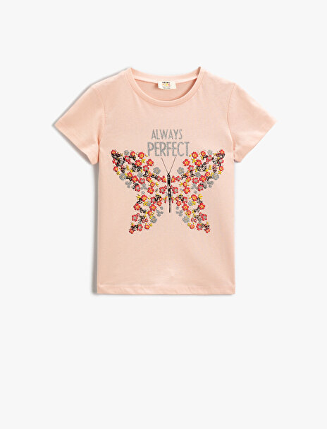 Koton Kız Çocuk Kelebek Baskılı Kısa Kollu Tişört Pamuklu Bisiklet Yaka