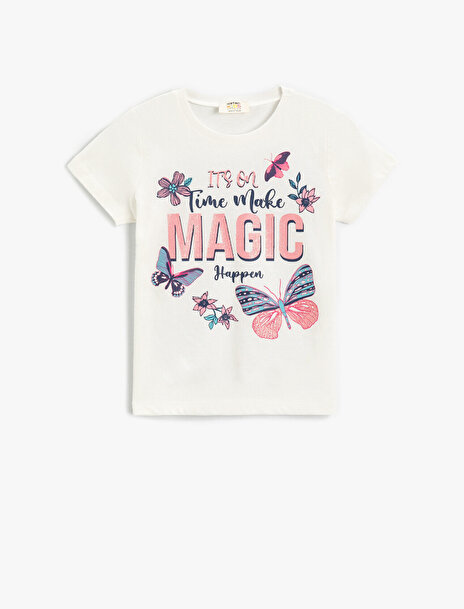 Koton Kız Çocuk Kelebek Baskılı Kısa Kollu Tişört Pamuklu