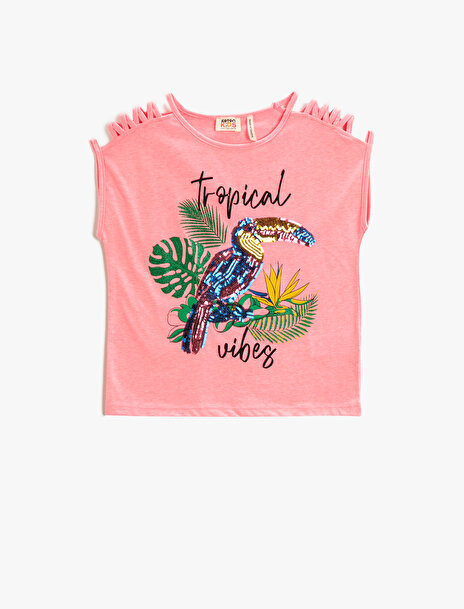 Koton Kız Çocuk Kuş Pullu Payetli Kısa Kollu Tişört Pamuklu