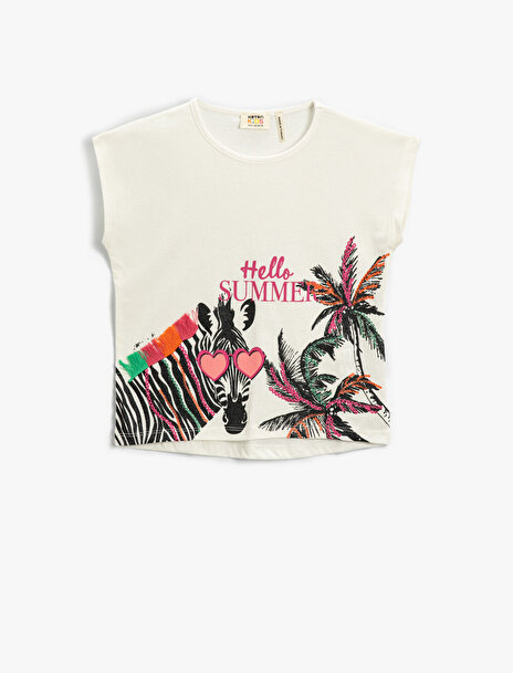 Koton Kız Çocuk Zebra Baskılı Kısa Kollu Tişört Pamuklu