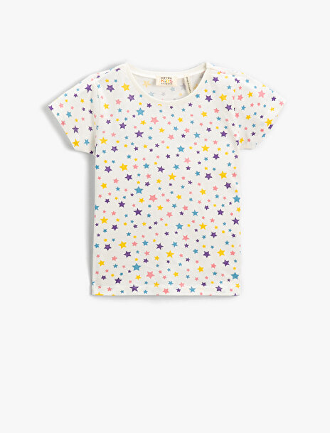 Koton Kız Çocuk Yıldız Baskılı Kısa Kollu Tişört Pamuklu Bisiklet Yaka