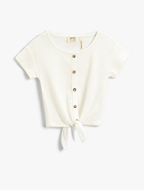 Koton Kız Çocuk Bağlama Detaylı Dokulu Kısa Kollu Tişört Pamuklu