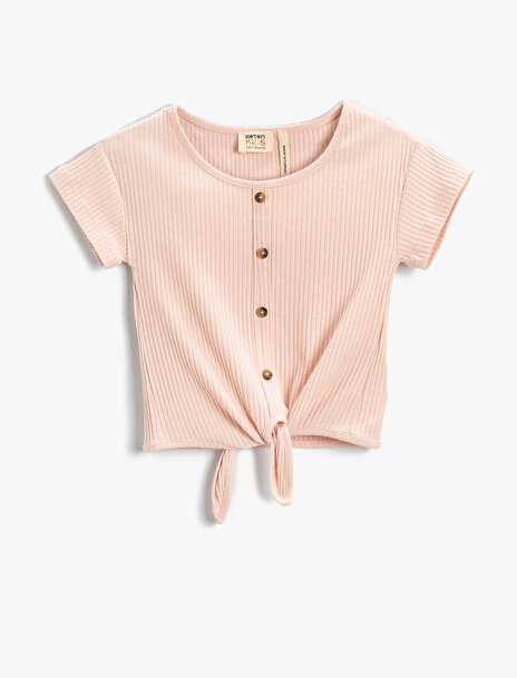 Koton Kız Çocuk Bağlama Detaylı Dokulu Kısa Kollu Tişört Pamuklu