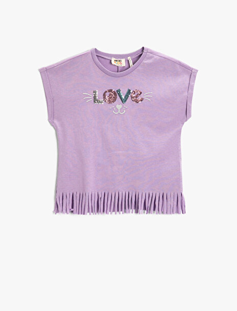 Koton Kız Çocuk Püsküllü Pullu Payetli Tişört Kısa Kollu Bisiklet Yaka Pamuklu