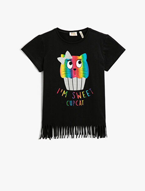 Koton Kız Çocuk Kedi Baskılı Püsküllü Kısa Kollu Tişört Pamuklu Koton Kız Çocuk Kedi Baskılı Püsküllü Kısa Kollu Tişört Pamuklu