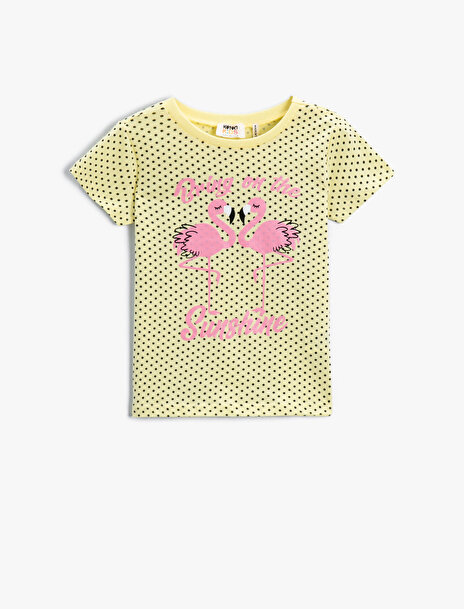 Koton Kız Çocuk Puantiyeli Flamingo Baskılı Kısa Kollu Tişört