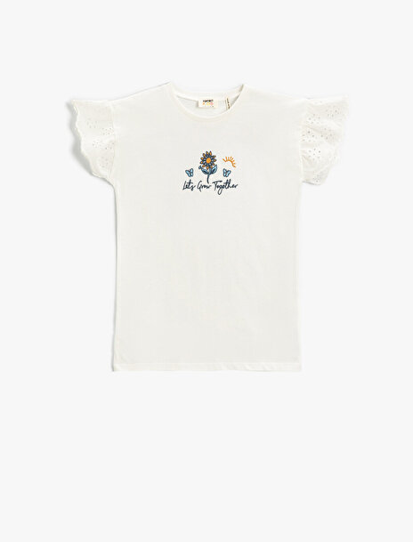 Koton Kız Çocuk Kolları Dantelli Çiçek İşlemeli Tişört Pamuklu