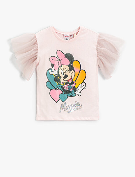 Koton Kız Çocuk Minnie Mouse Baskılı Kısa Tül Kollu Lisanslı Tişört Pamuklu