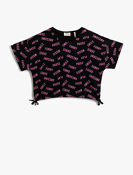 Koton Kız Çocuk Slogan Baskılı Kısa Kollu Tişört Pamuklu Yanları Fiyonk Bağlamalı