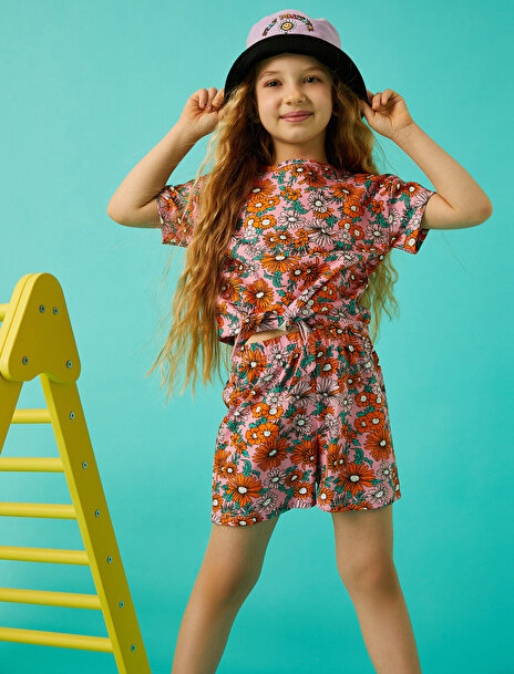 Koton Kız Çocuk Çiçekli Baskılı Kısa Kollu Tişört Pamuklu