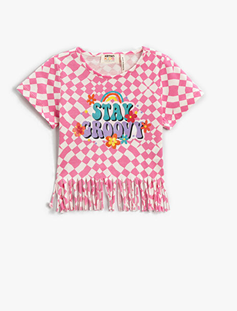 Koton Kız Çocuk Püsküllü Crop Tişört Kareli Bisiklet Yaka Kısa Kollu Pamuklu