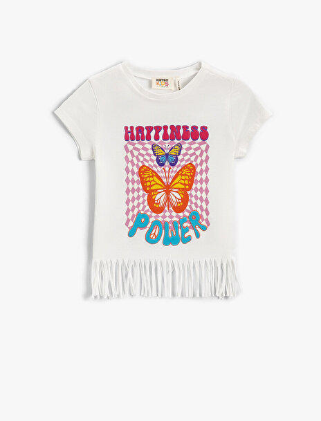 Koton Kız Çocuk Kelebek Baskılı Püsküllü Tişört Pamuklu Kısa Kollu