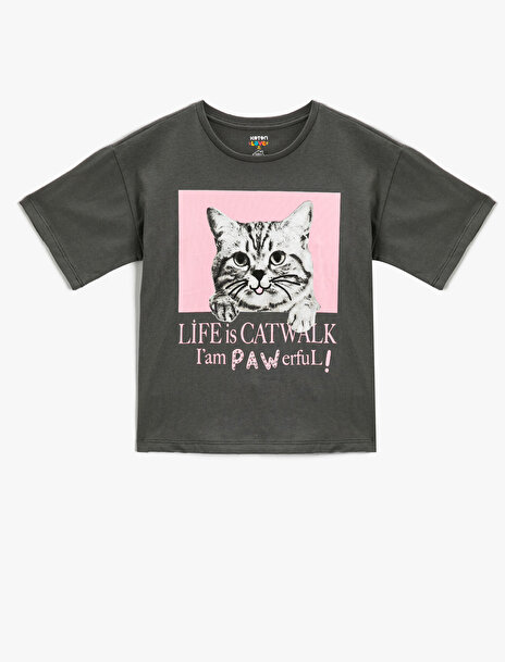 Koton Kız Çocuk Kedi Baskılı Oversize Tişört Bisiklet Yaka Kısa Kollu Pamuklu