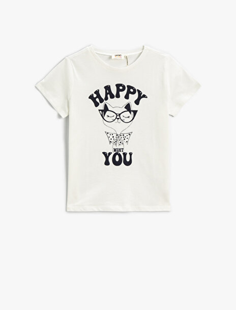 Koton Kız Çocuk Kedi Baskılı Tişört Kısa Kollu Bisiklet Yaka Pamuklu