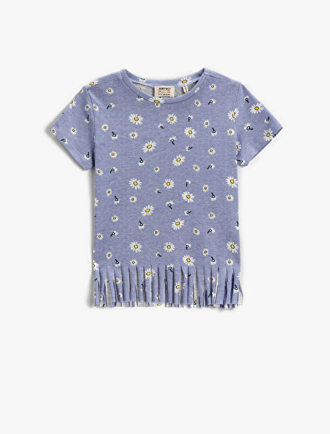Koton Kız Çocuk Püsküllü Tişört Çiçekli Bisiklet Yaka Kısa Kollu Pamuklu