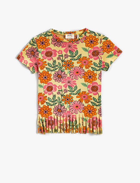 Koton Kız Çocuk Püsküllü Çiçekli Tişört Bisiklet Yaka Kısa Kollu Pamuklu