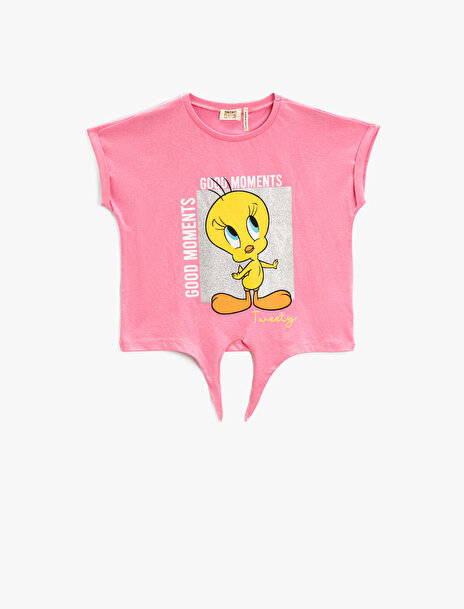 Koton Kız Çocuk Tweety Baskılı Tişört Lisanslı Önü Bağlamalı Kısa Kollu Bisiklet Yaka Pamuklu