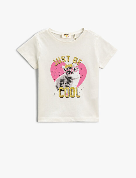 Koton Kız Çocuk Kedi Baskılı Tişört Kısa Kollu Simli Pamuklu Koton Kız Çocuk Kedi Baskılı Tişört Kısa Kollu Simli Pamuklu