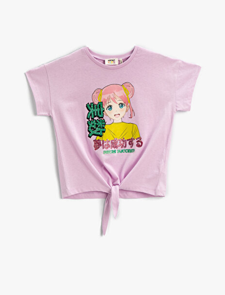 Koton Kız Çocuk Baskılı Tişört Önü Bağlamalı Kısa Kollu Bisiklet Yaka Pamuklu