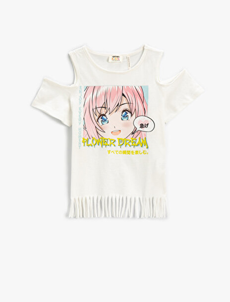 Koton Kız Çocuk Püsküllü Baskılı Tişört Pencere Detaylı Pamuklu