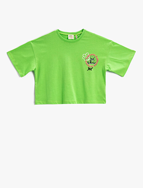 Koton Kız Çocuk Crop Tişört Sırtı Grafiti Baskılı Kısa Kollu Bisiklet Yaka Pamuklu