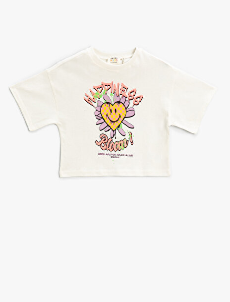 Koton Kız Çocuk Crop Tişört Çiçek Baskılı Kısa Kollu Bisiklet Yaka Pamuklu