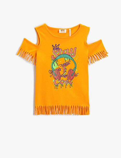 Koton Kız Çocuk Püsküllü Baskılı Tişört Pencere Detaylı Pamuklu