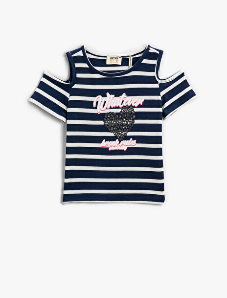 Koton Kız Çocuk Pencere Detaylı Çizgili Tişört Baskılı