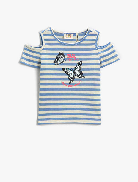 Koton Kız Çocuk Pencere Detaylı Tişört Çizgili Kelebek Baskılı  Kısa Kollu Koton Kız Çocuk Pencere Detaylı Tişört Çizgili Kelebek Baskılı  Kısa Kollu