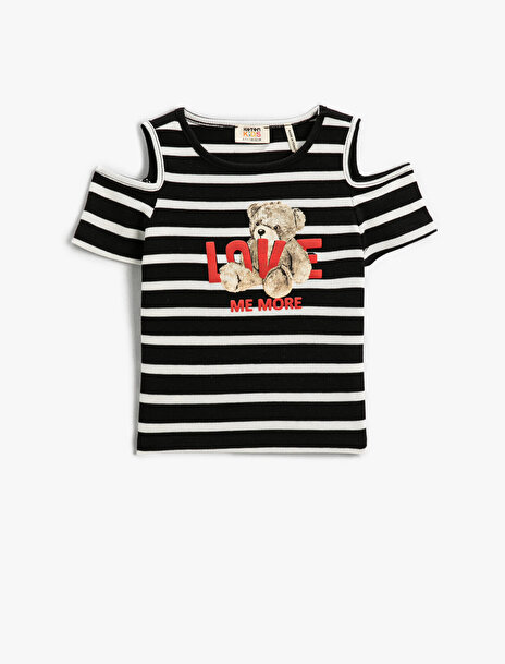 Koton Kız Çocuk Pencere Detaylı Tişört Çizgili Baskılı Kısa Kollu