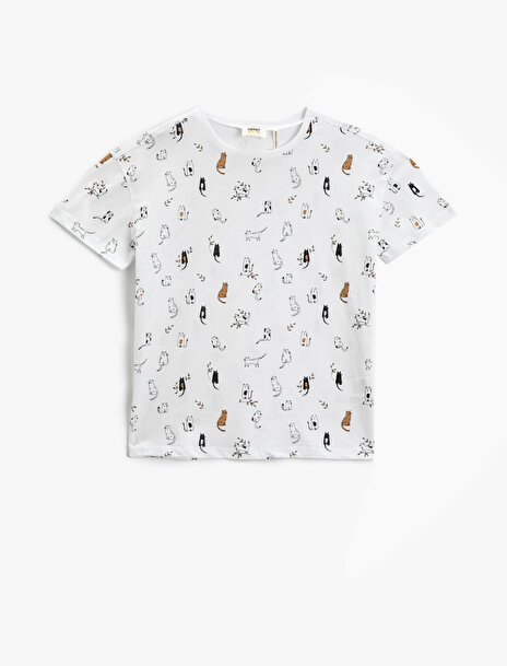 Koton Kız Çocuk Kedi Baskılı Tişört Kısa Kollu Bisiklet Yaka Pamuklu