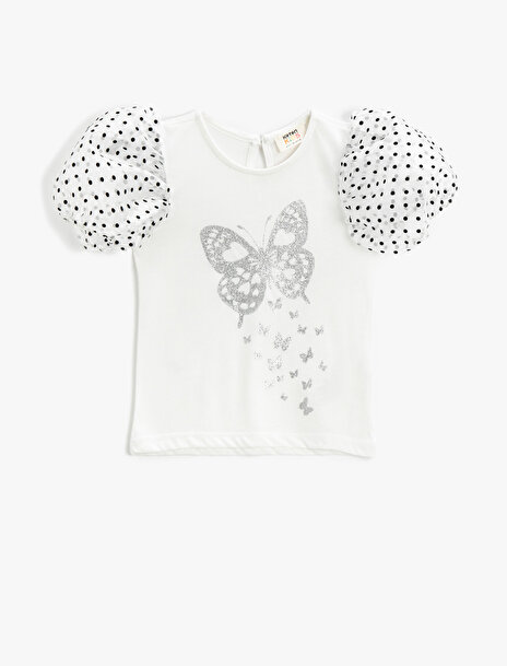 Koton Kız Çocuk Balon Kollu Tişört Baskılı Puantiyeli Tül Detaylı