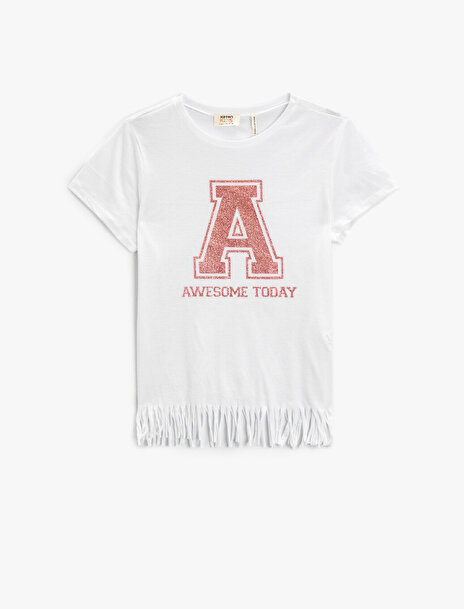 Koton Kız Çocuk Püsküllü Baskılı Tişört Bisiklet Yaka Pamuklu