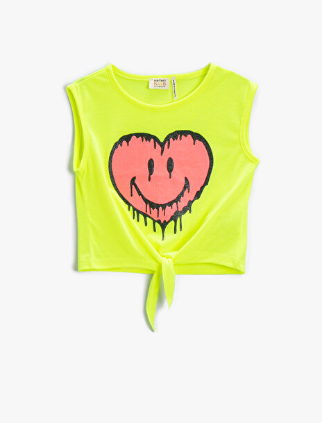 Koton Kız Çocuk Baskılı Crop Tişört Önü Bağcıklı Bisiklet Yaka